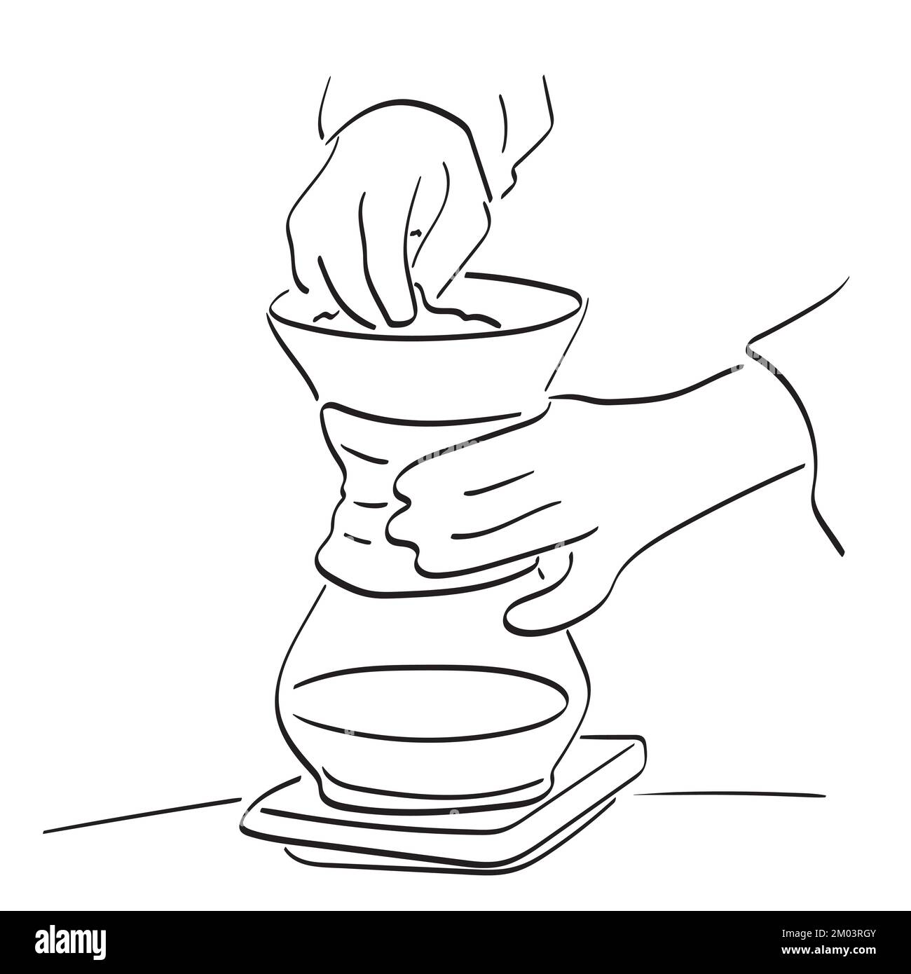 closeup hand brewing hot black coffee in glass coffee pot standing ...