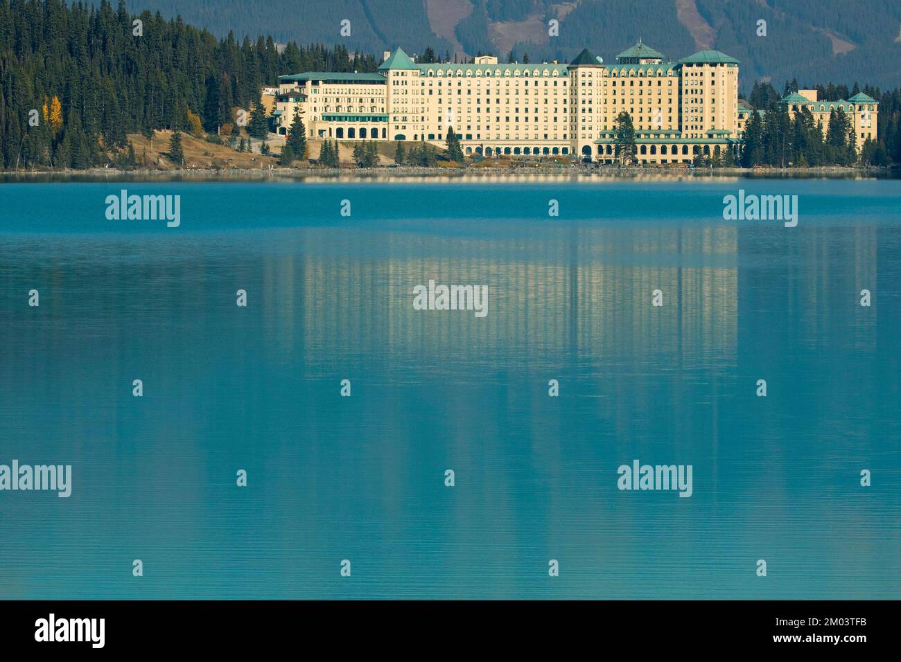 Fairmont Chateau Lake Louise hotel overlooking the turquoise waters of ...
