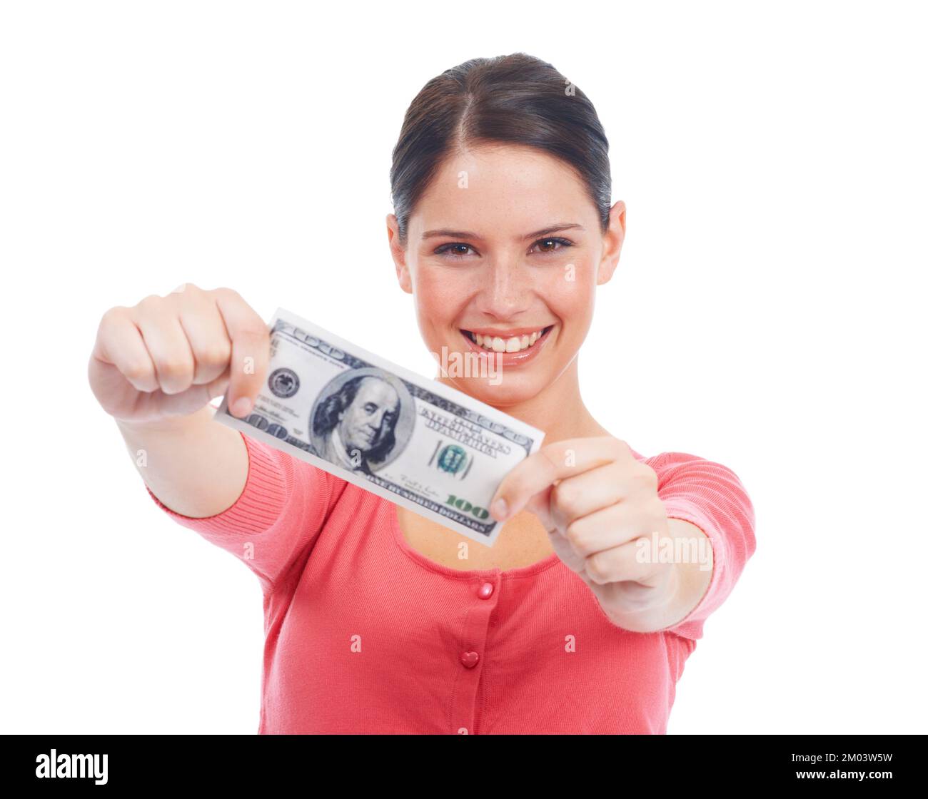 The beginning of her fortune. Happy young woman showing you a single ...