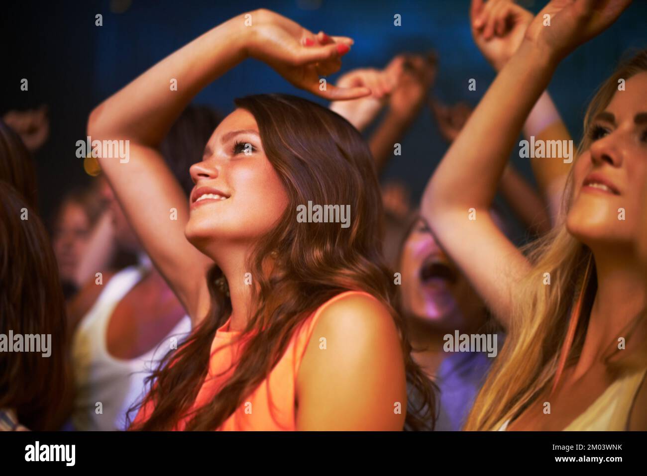Woman at concert, dance to music at festival in Florida, freedom and ...