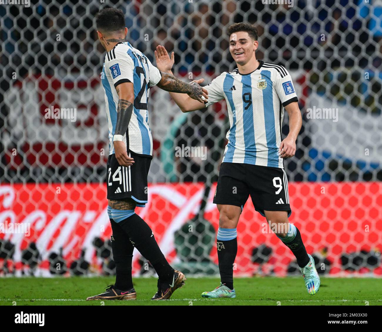 Julian Alvarez of Argentina celebrates scoring with Enzo Fernandez of ...