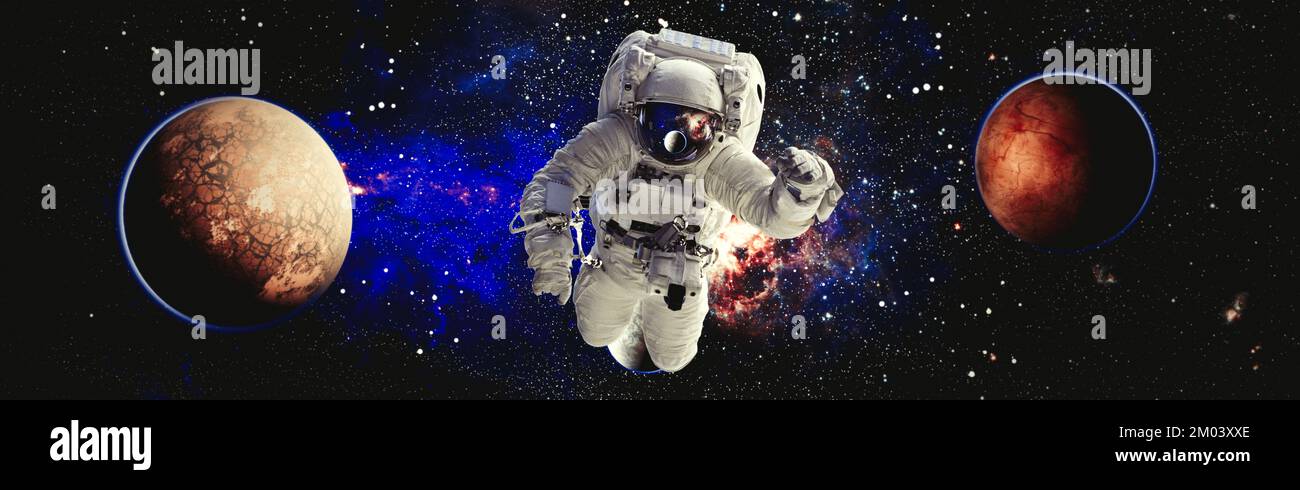 Astronaut spaceman working for space station in outer space .Elements ...