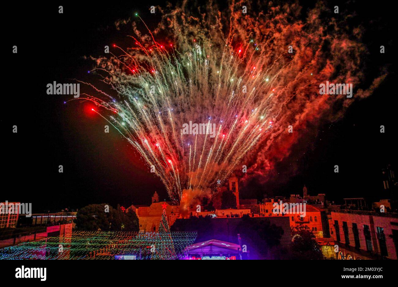 Bethlehem, Palestine. 03rd Dec, 2022. Fireworks light up the sky over ...