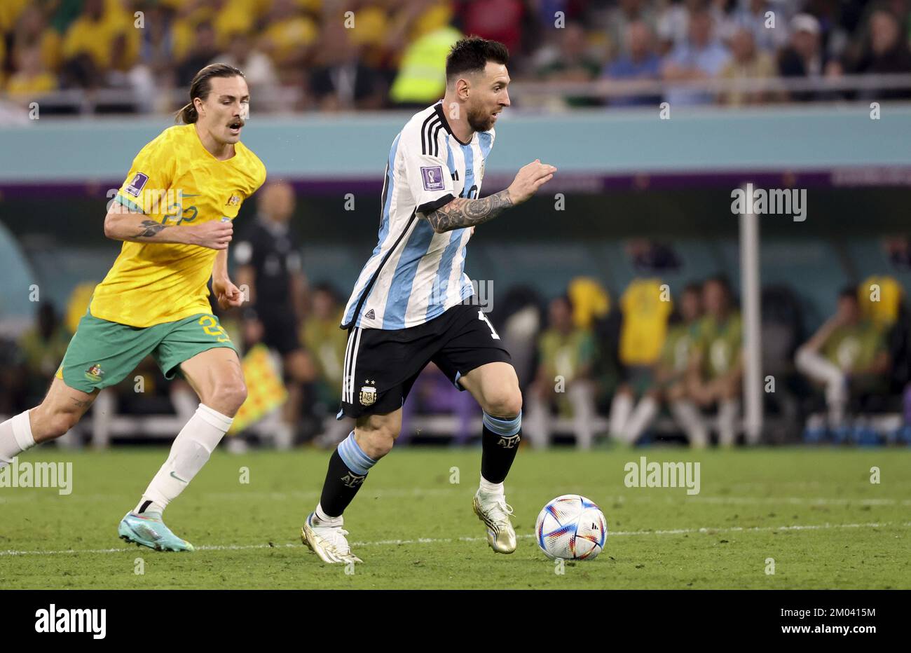 Lionel Messi of Argentina, Jackson Irvine of Australia (left) during ...