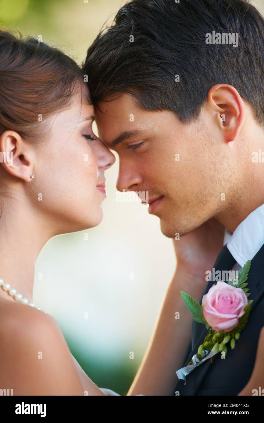 Sharing a tender moment. Intimate image of a newlywed couple basking in ...
