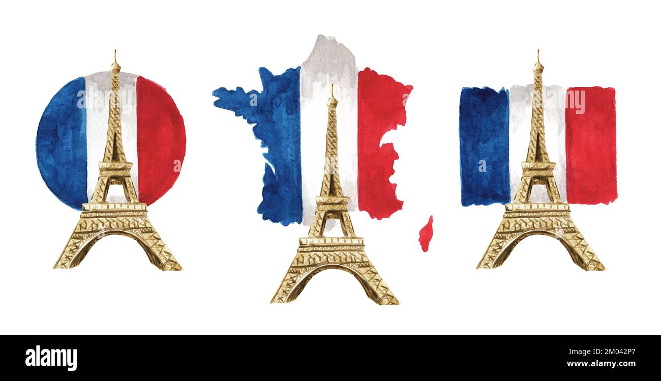 France symbols set. Flag and Eiffel Tower, Hand drawn watercolor ...