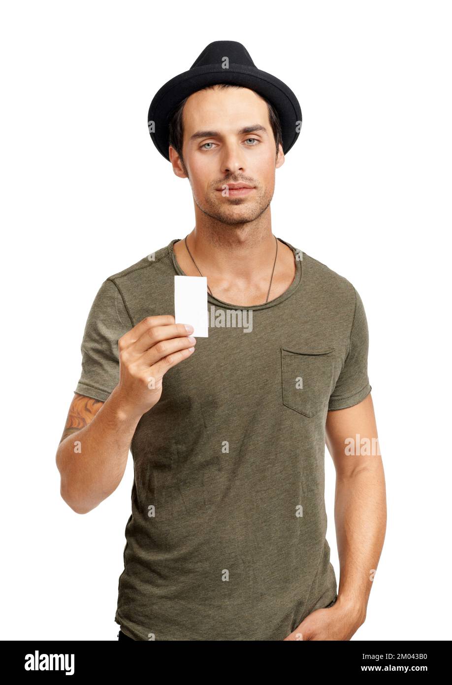 Giving you his details. A handsome young man holding a small placard ...