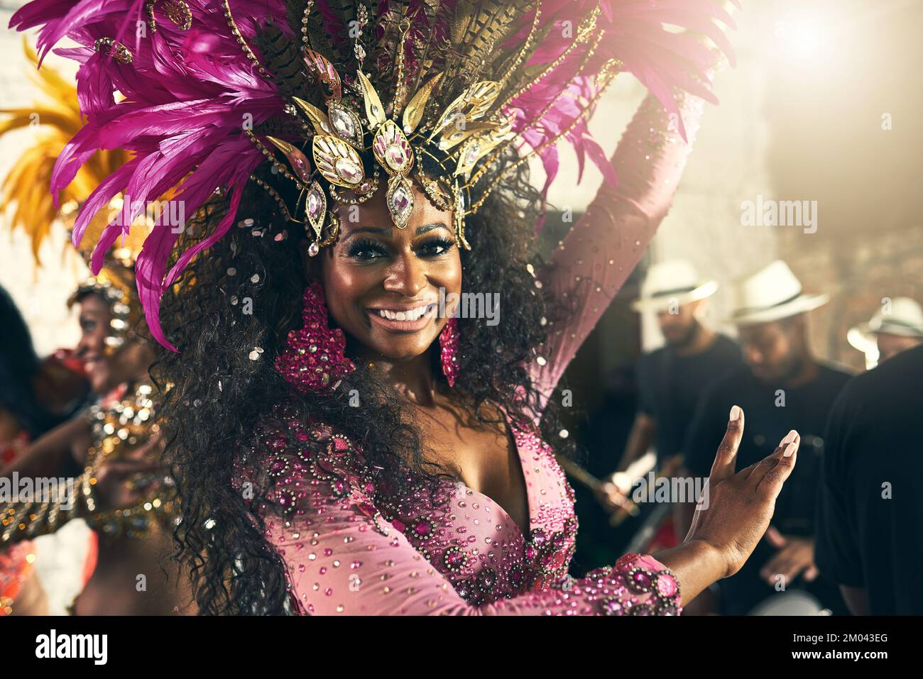 Party, dancing and portrait of samba dancer at carnival, festival and ...