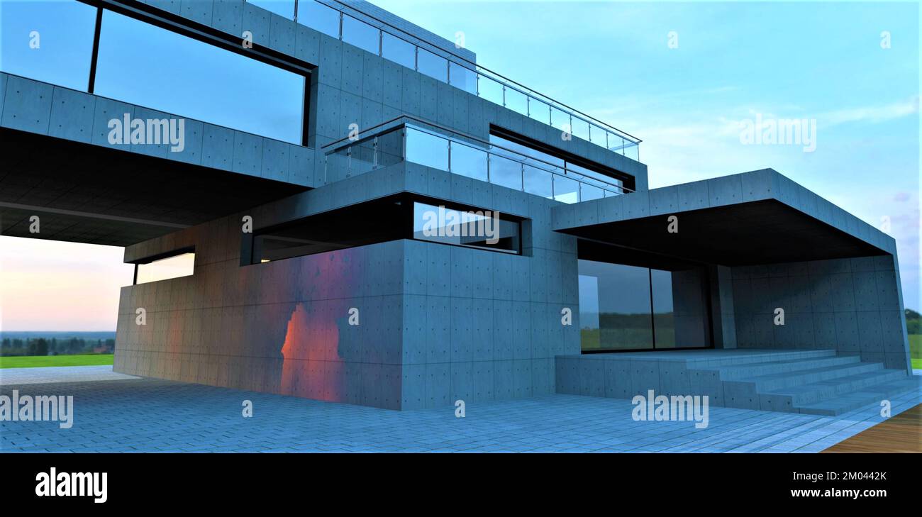 A glare from the rising red sun on a concrete wall in the arched ...