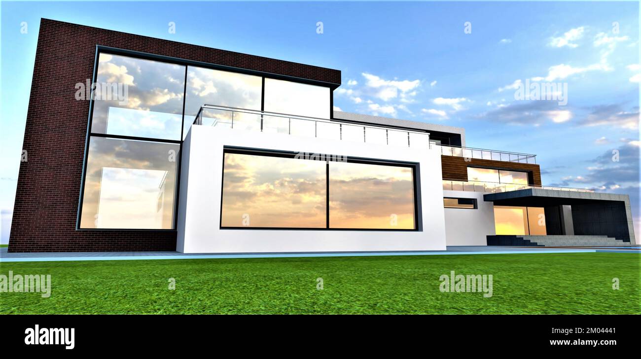 Stunning suburban house design. Reflection of sunset sky on panoramic ...