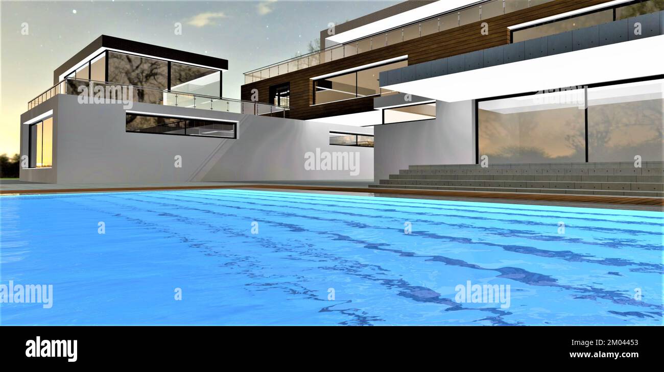 White illumination of modern suburban housing in a minimalist style at ...