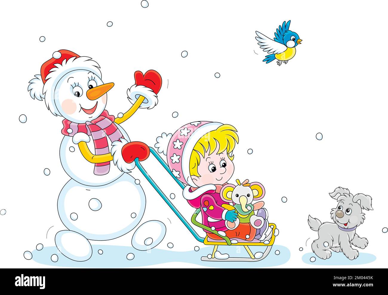 Funny snowman sledging a happy cute little girl with a toy baby ...