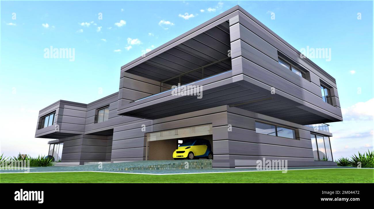 Stylish futuristic suburban house finished with aluminium alloy. View ...