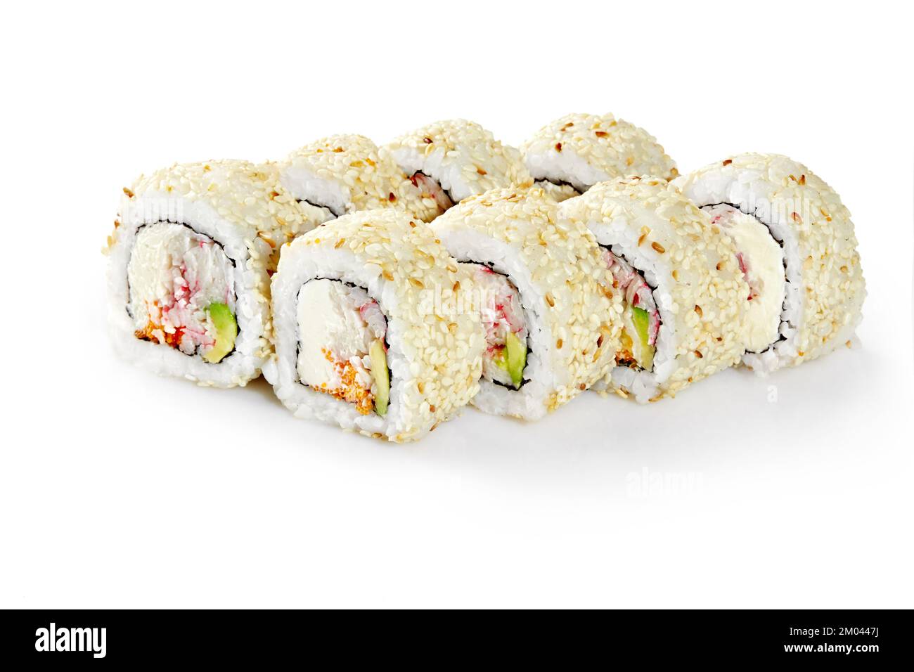Uramaki sushi rolls in sesame with cream cheese, surimi crab, masago ...