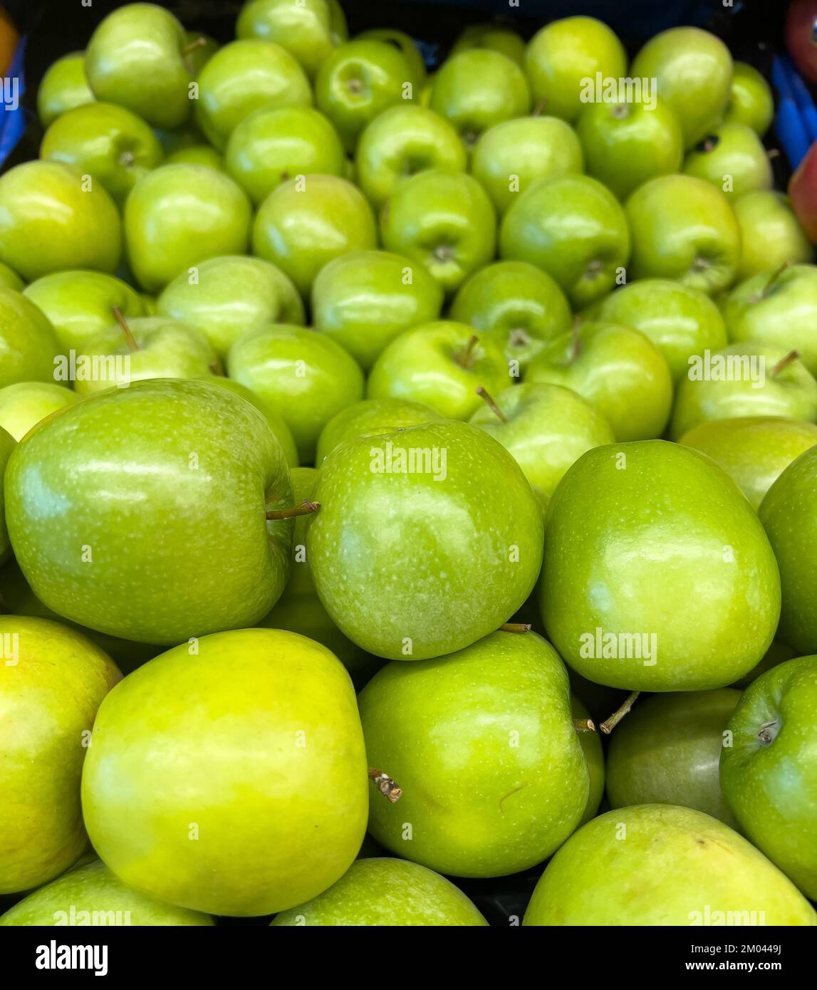 Green apples stacked together on farm stand. vertical angled stack of ...