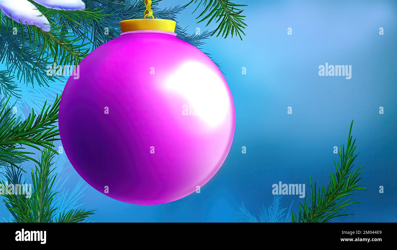 Lilac Christmas Ball over Blue Background with tree branches. Handmade ...