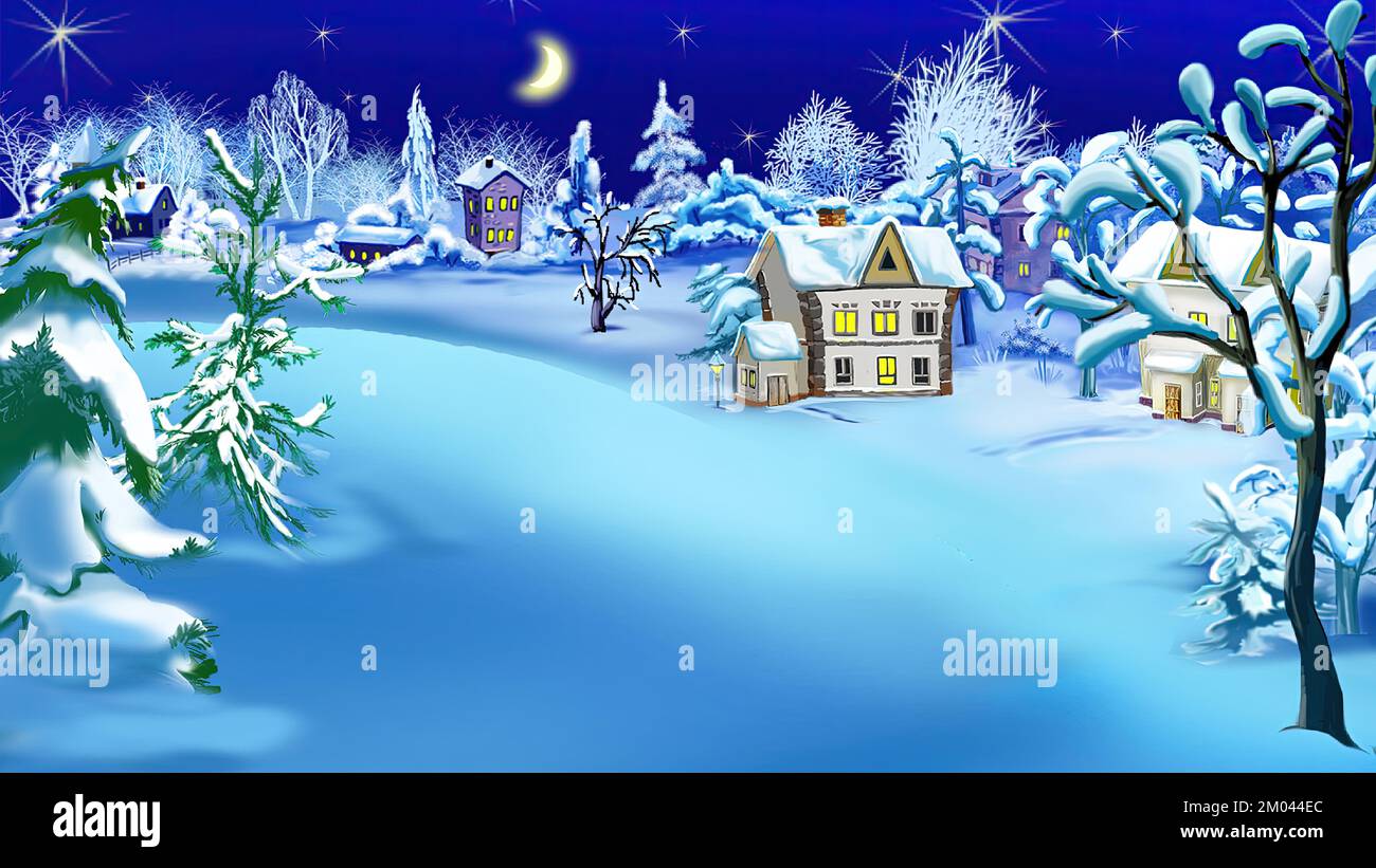 Winter Night in the Snowy Suburbs at Christmas Eve. Handmade ...