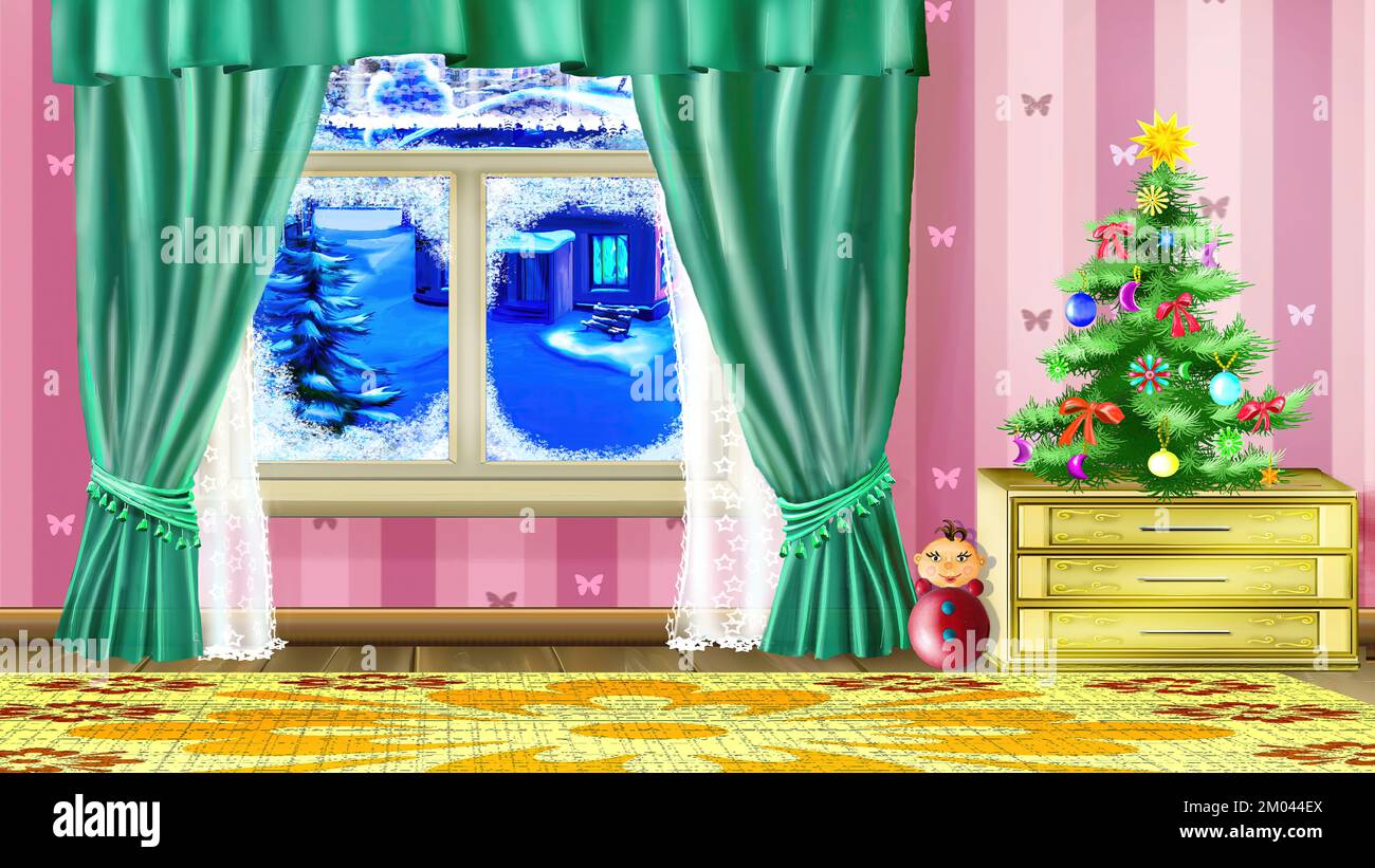 Beautiful Small Christmas Tree in a Living Room with furniture and toys ...