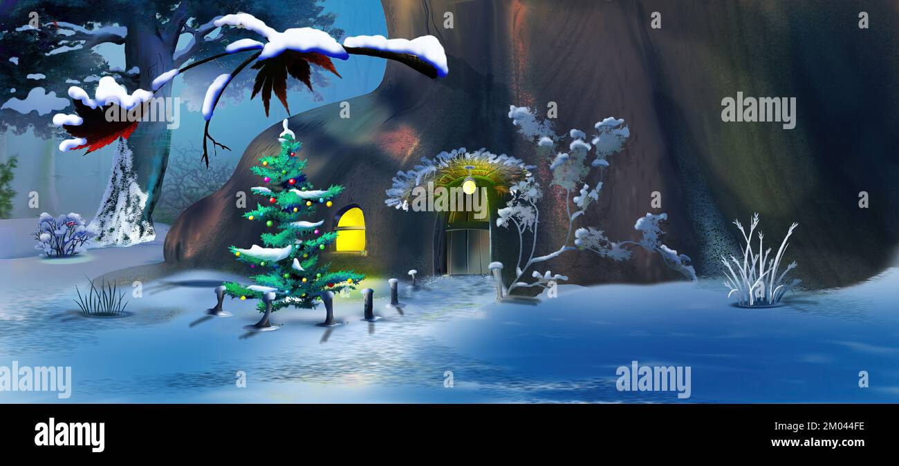 Christmas Tree near a Fairy Tale Gnome House in a Winter Forest ...