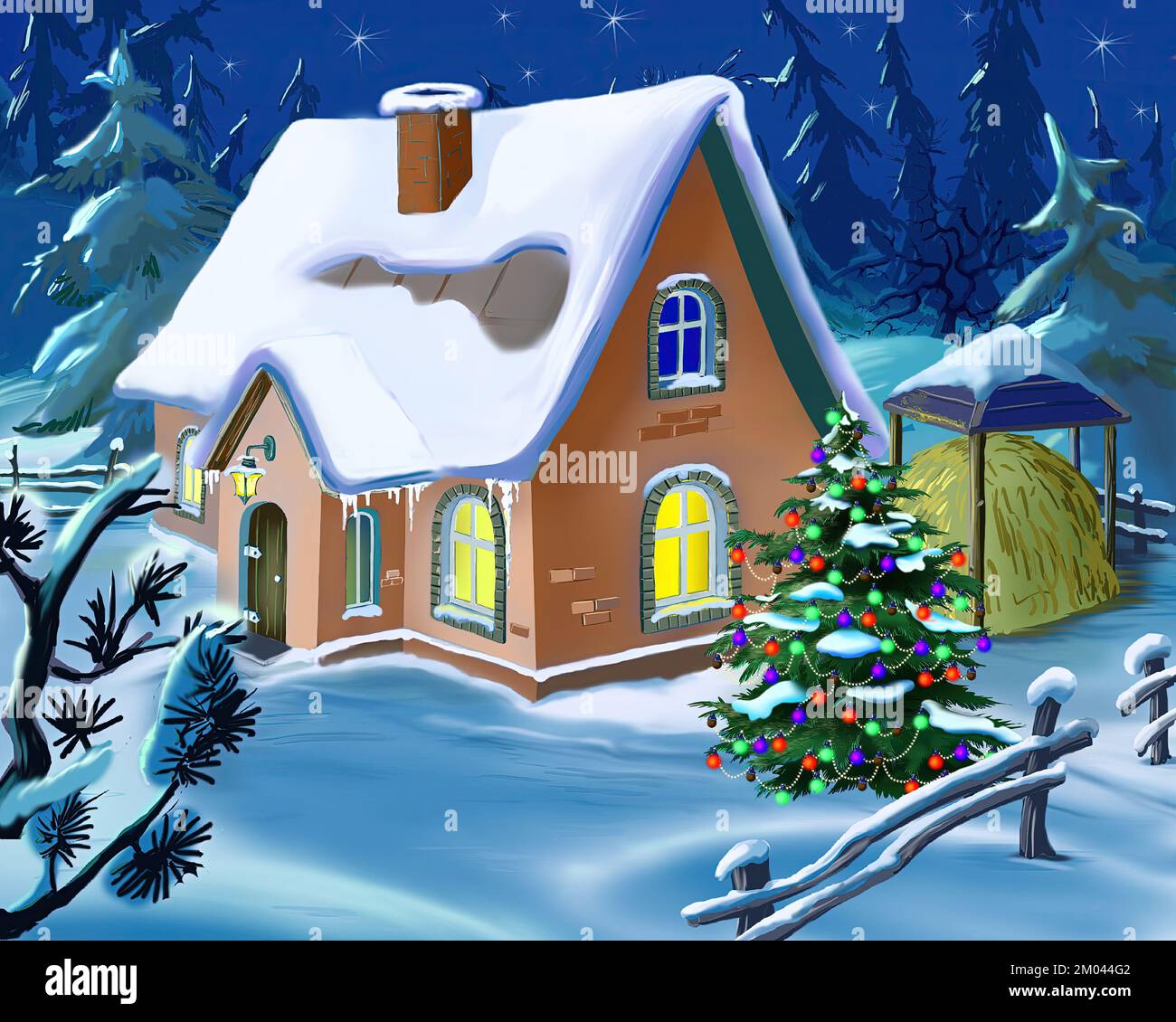 Christmas Tree near a Small Cottage at New Year Eve. Outdoor Christmas ...