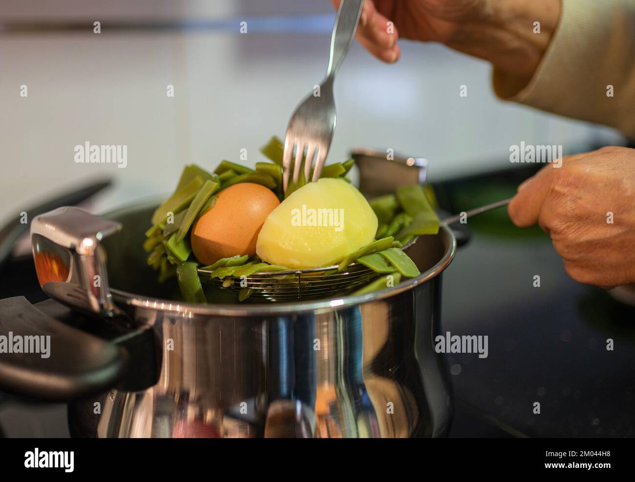 mature aged woman hands taking out ready to eat healthy and cheap food ...
