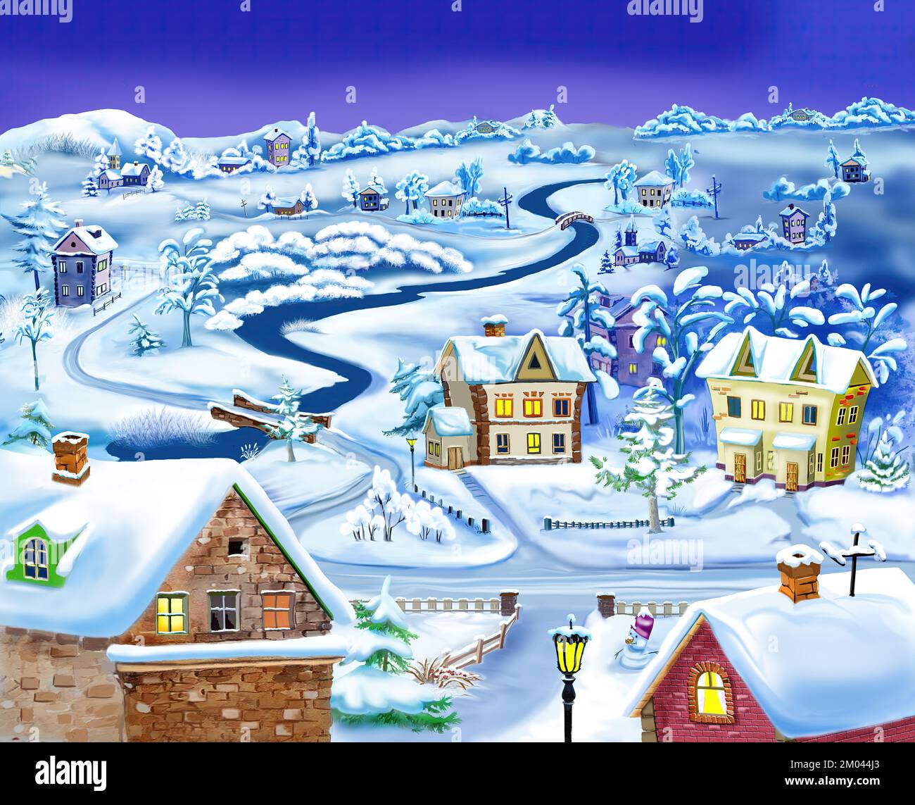 Winter Night in the Suburbs before Christmas. Handmade illustration in ...