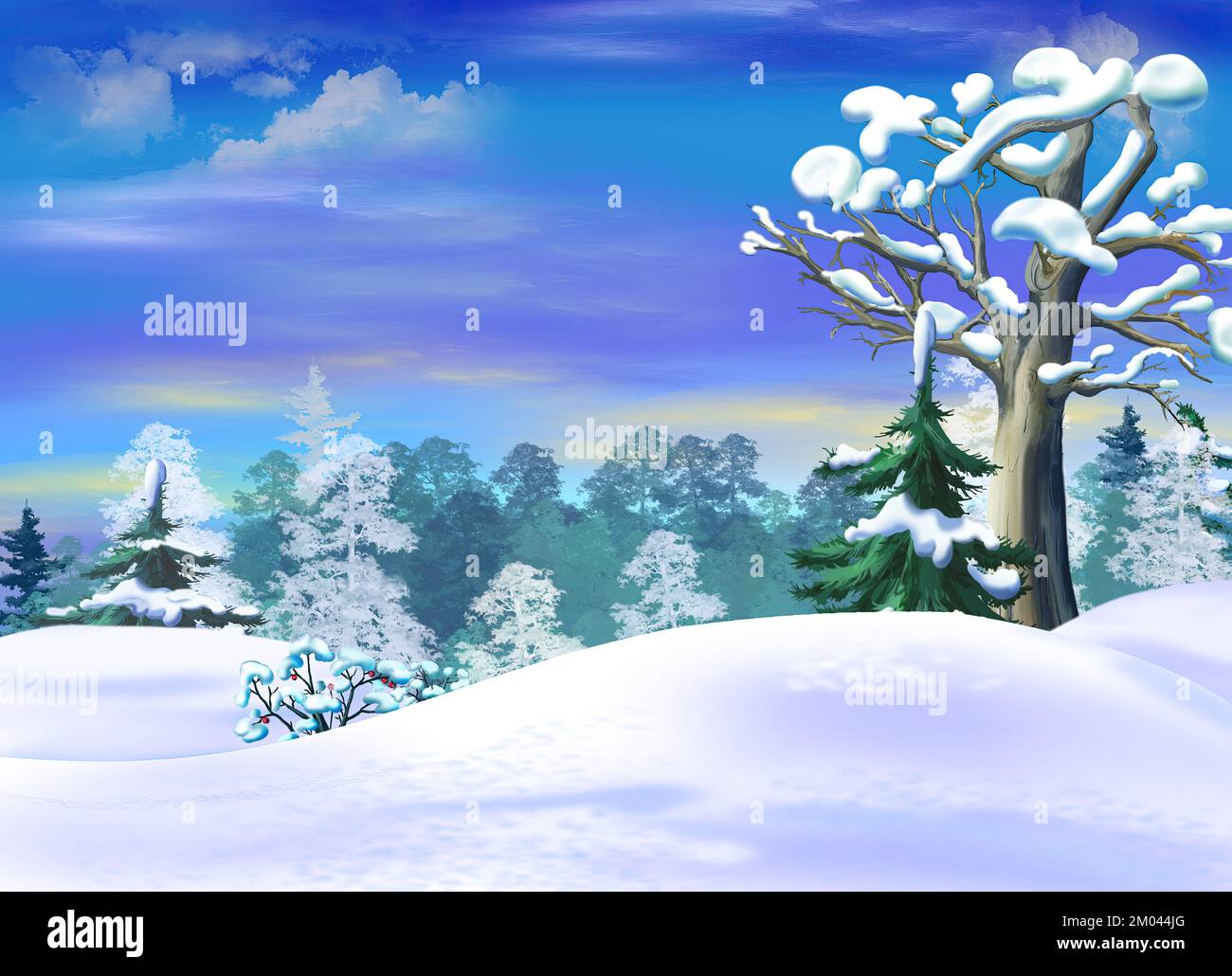Snowdrifts in a Winter Forest Clearing. Handmade illustration in a ...