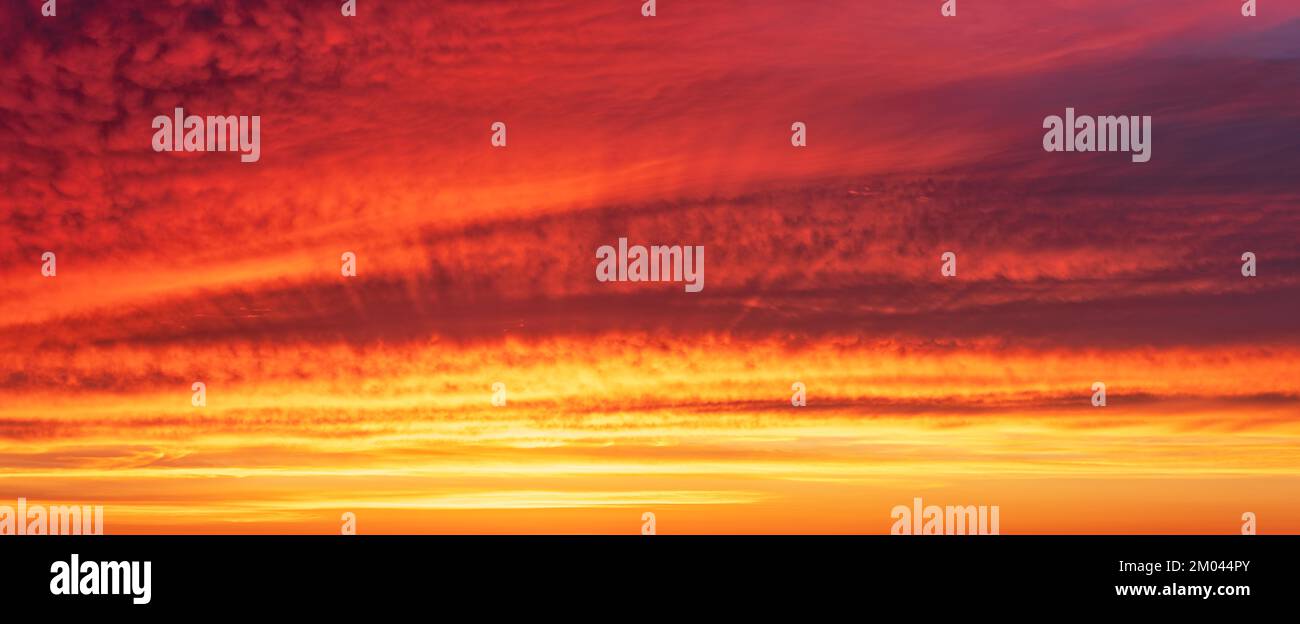 Atmospheric sky with red shining clouds and sunrays at sunrise Stock ...