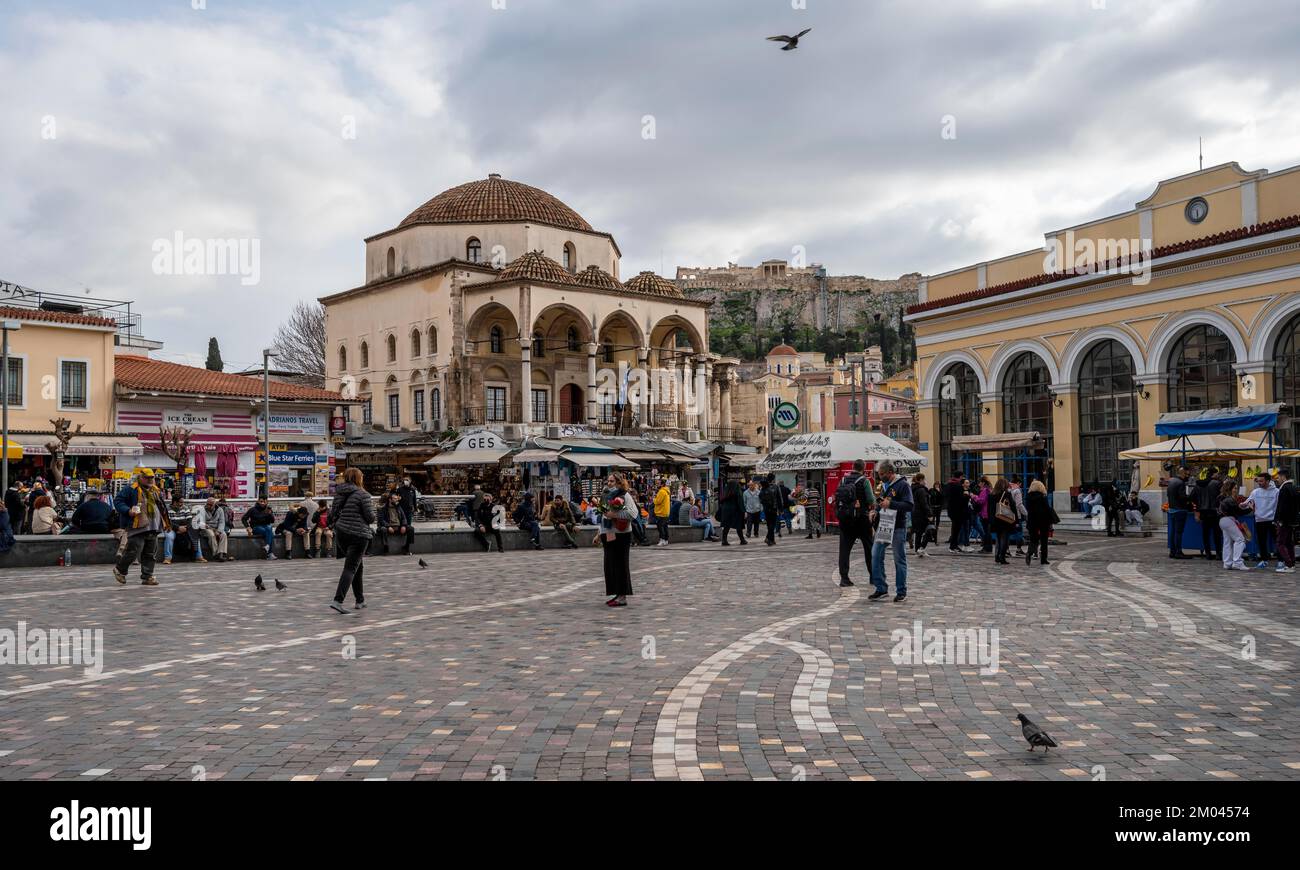 Tzisdarakis Mosque and Acropolis, Monastiraki Square, Athens, Attica ...
