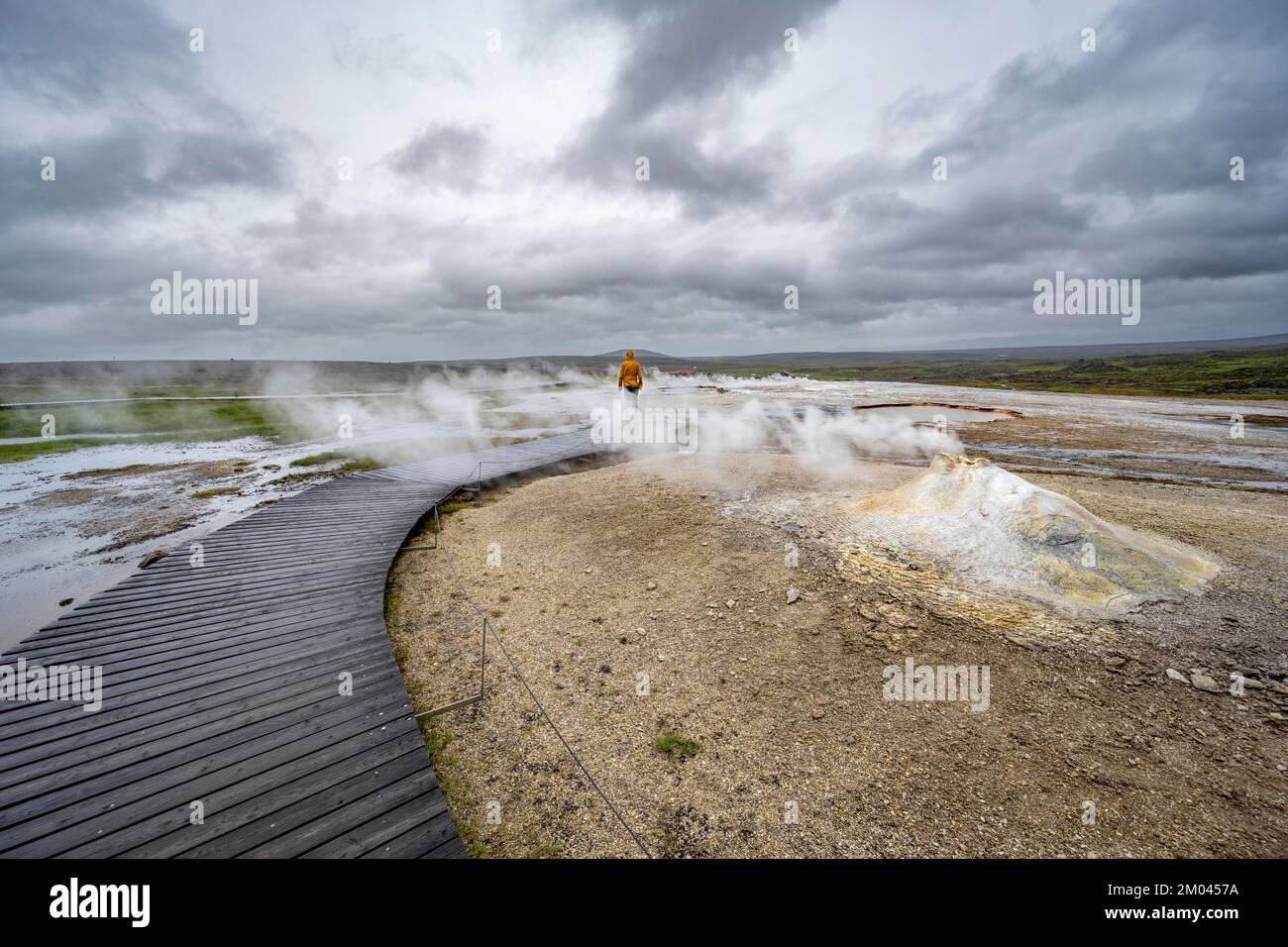 Tourist on a wooden path, steaming fumarole, Hveravellir geothermal ...