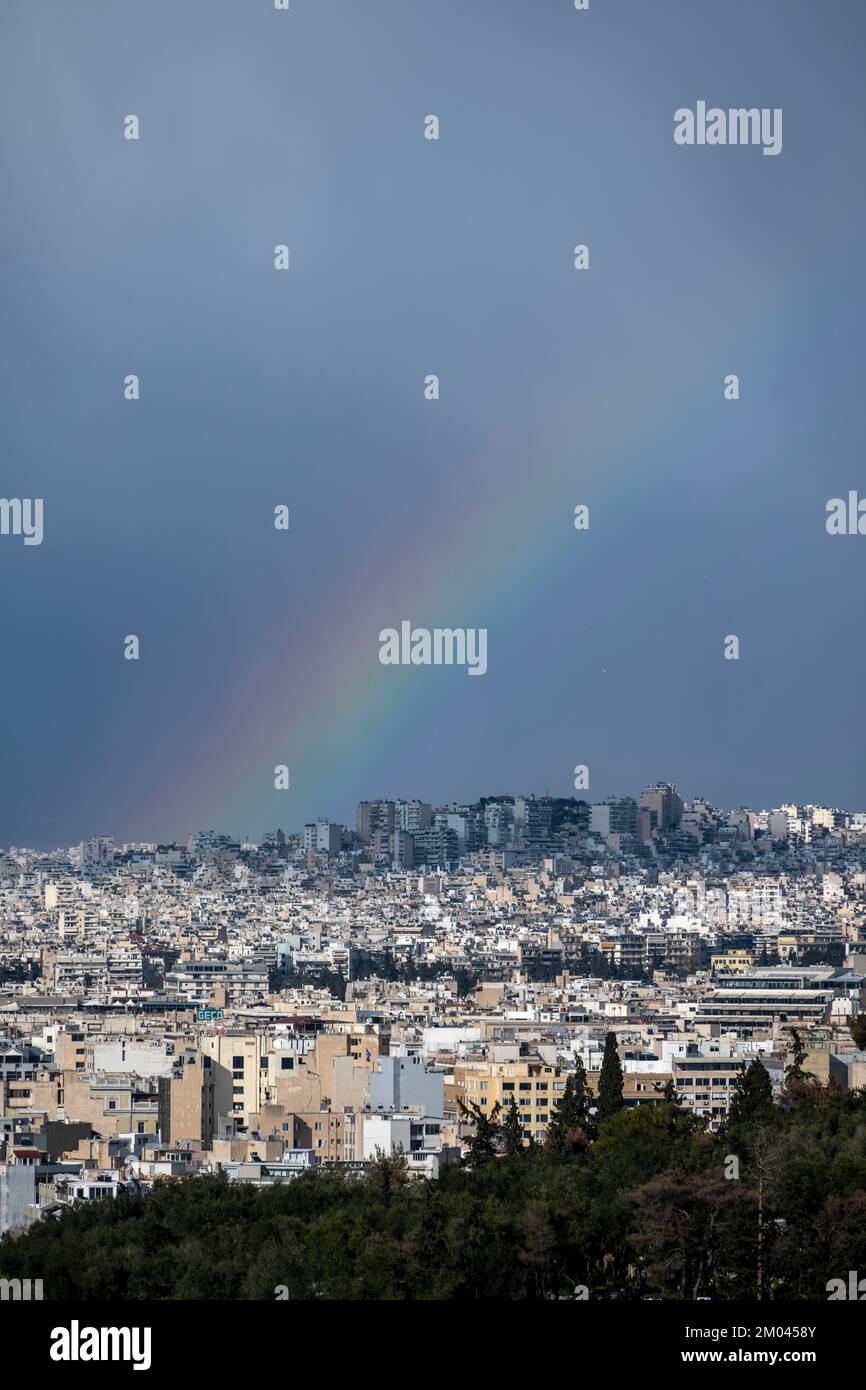 View over the sea of houses of Athens, with rainbow, Athens, Attica ...