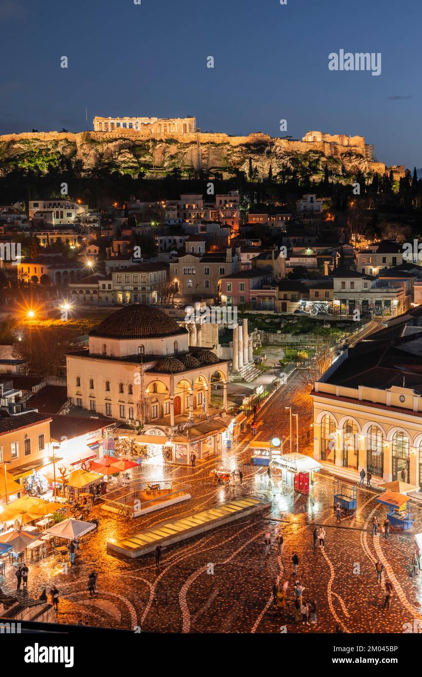View over the old town of Athens, Tzisdarakis Mosque and Acropolis ...