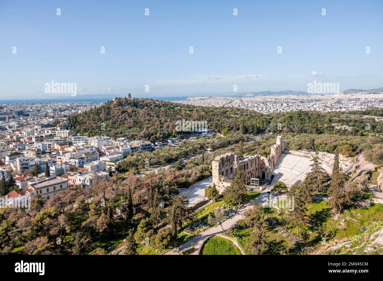 View from the Acropolis of Herod's Theatre and Philopappos Hill, behind ...