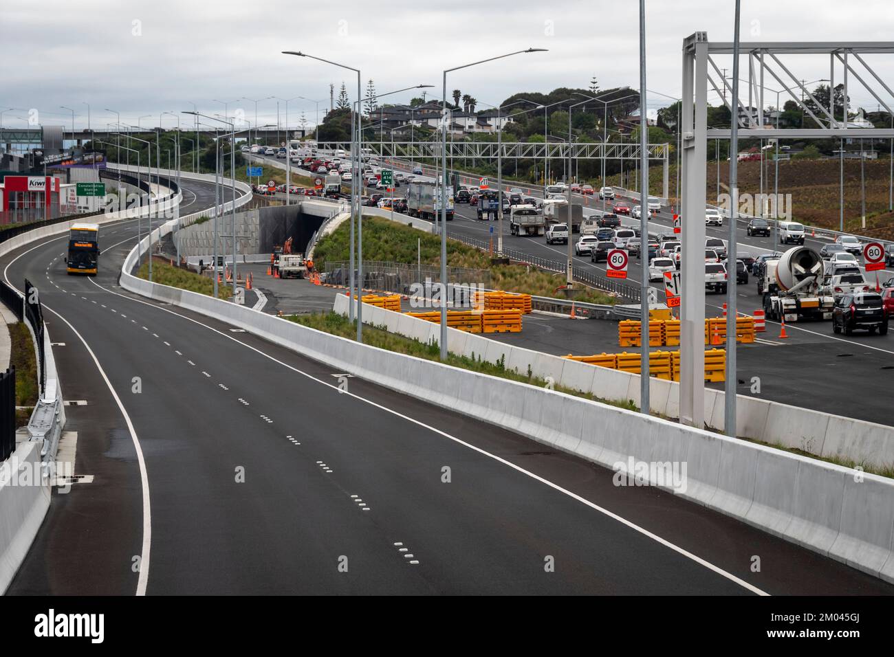 Traffic on motorway with clear bus lane, North Shore, Auckland, North ...