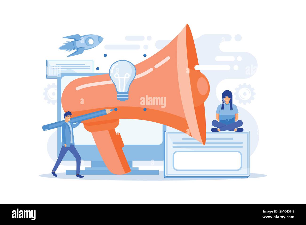 Designers work on new brand and big megaphone. Brand identity and logo ...