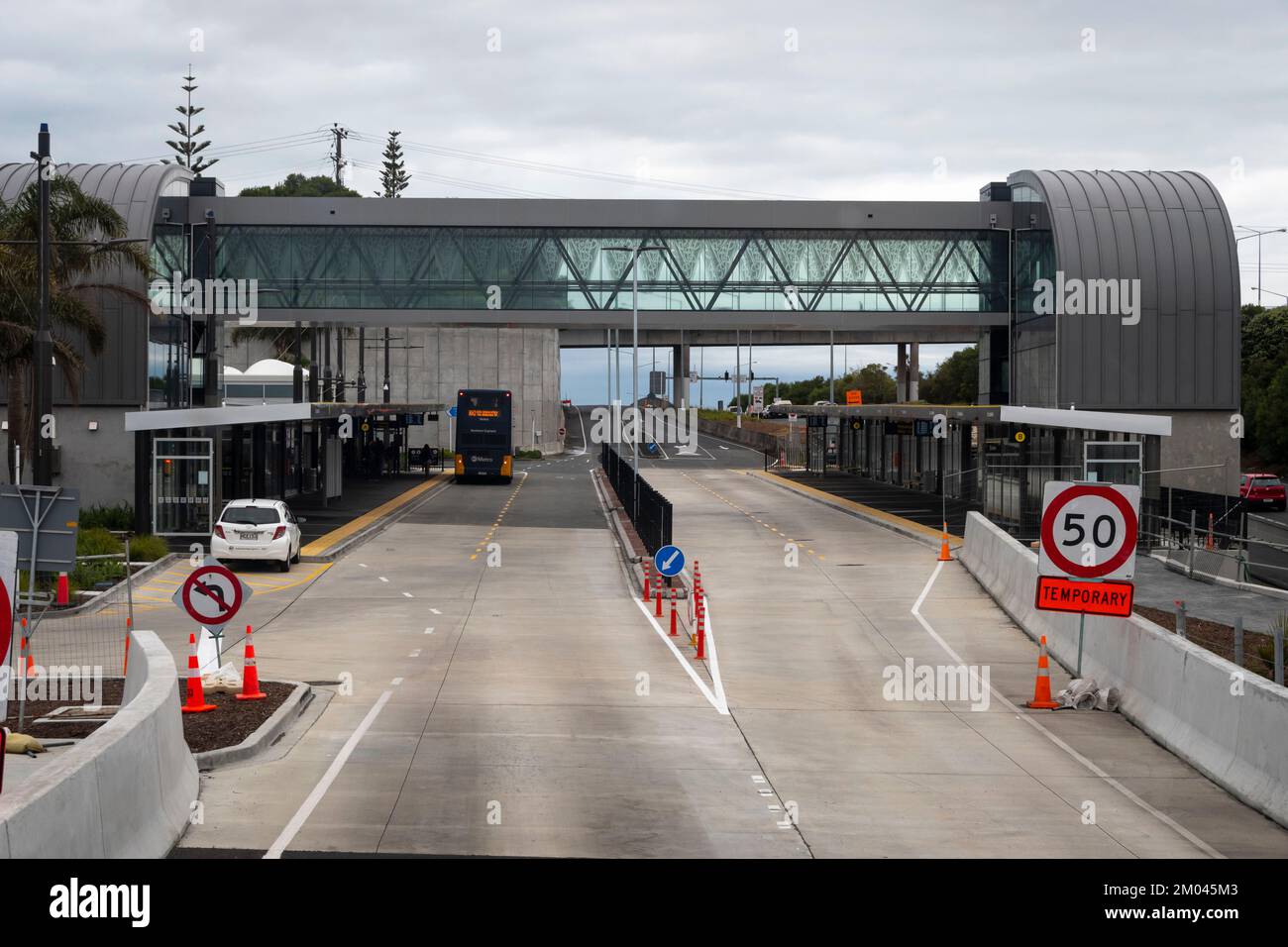 Bus station on dedicated bus lane, North Shore, Auckland, North Island ...