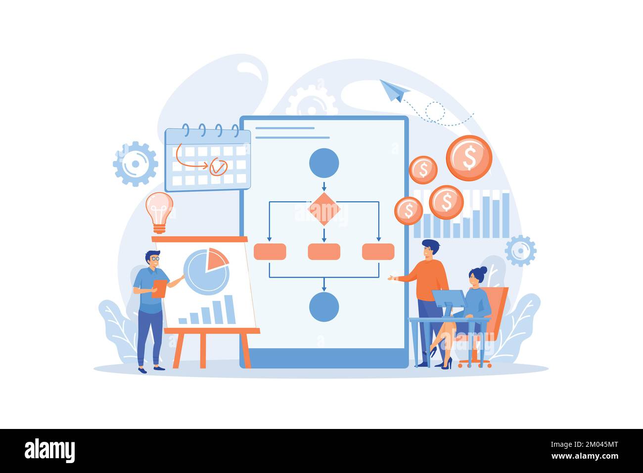Businessmen work with improvement diagrams and charts. Business process ...