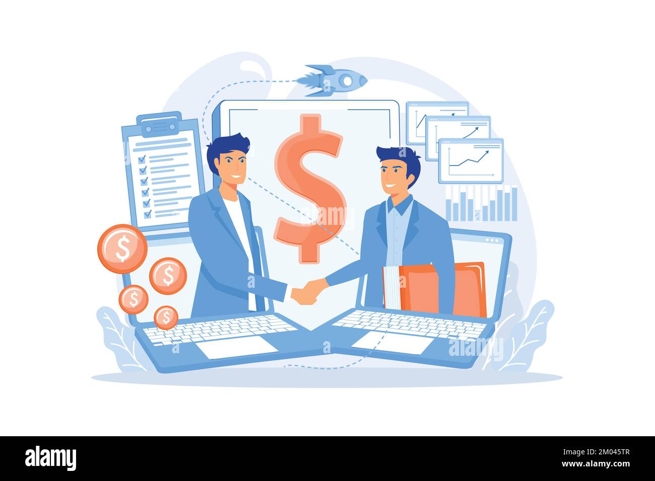 Demand analysts shaking hands from laptops screens and planning future ...