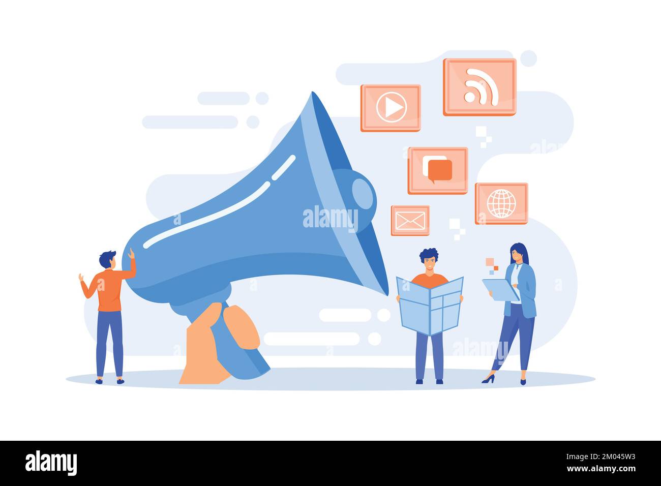 Tiny peple, marketing manager with megaphone and push advertising. Push ...