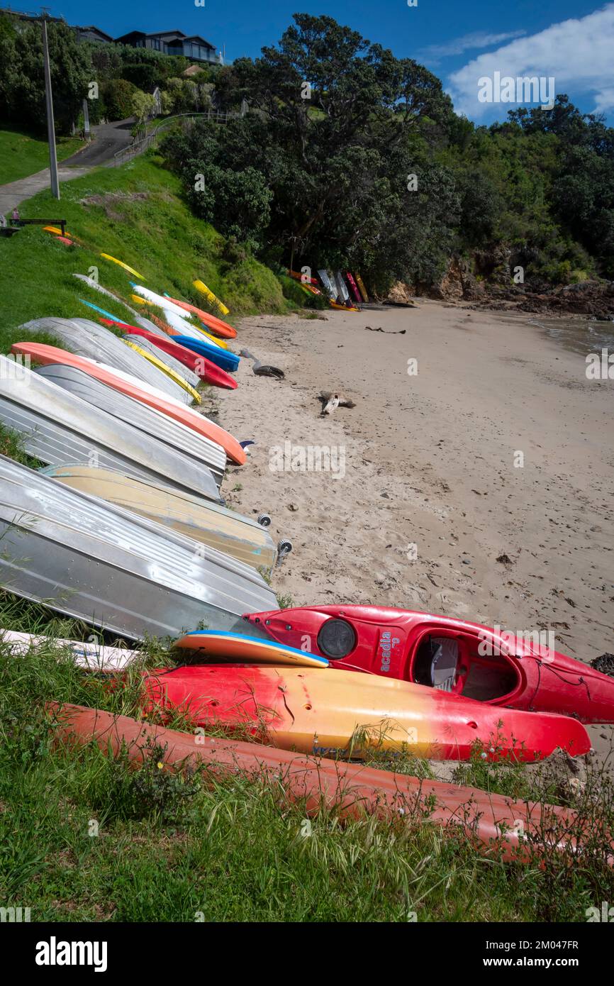 Boats on beach at Sandy Bay, Waiheke Island, Auckland, North Island ...