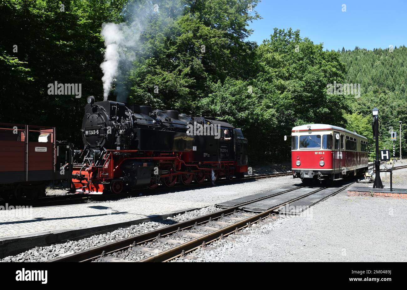 Steam locomotive of the Harz narrow gauge railway and rail bus, railcar ...