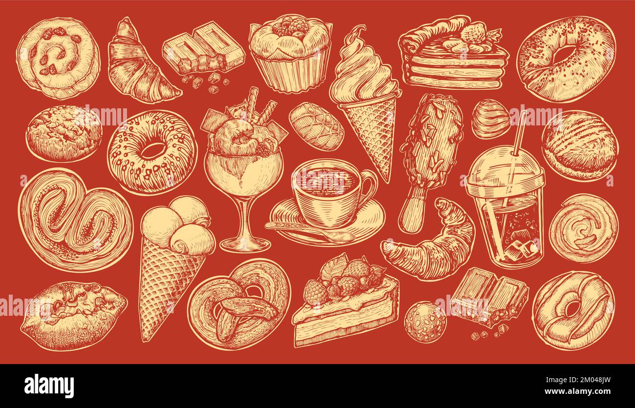 Sweet Dessert set. Food and Drink collection for restaurant or cafe menu. Hand drawn retro ...