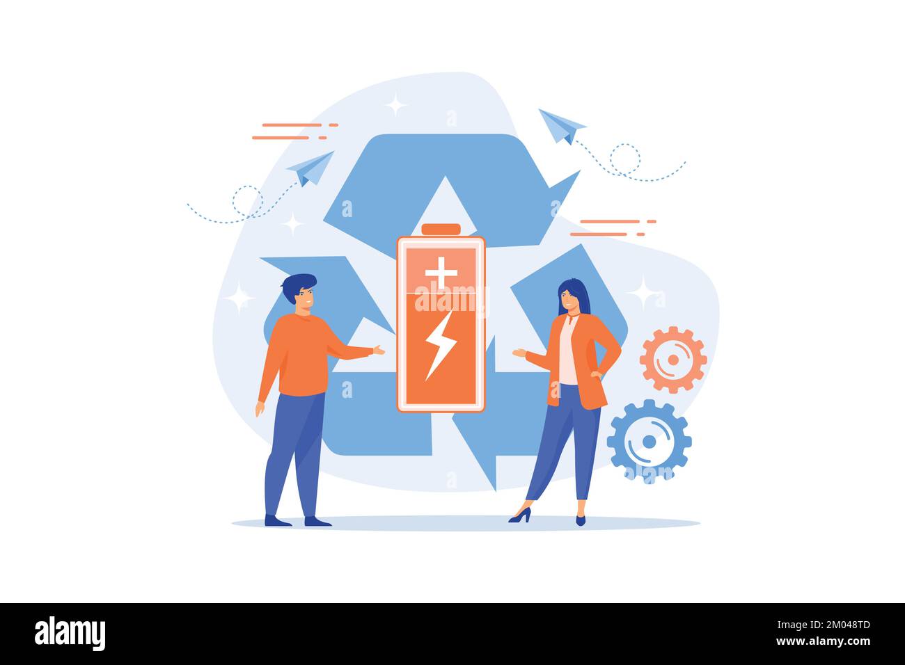 Businessman and woman using eco battery in recycle symbol. Eco battery ...