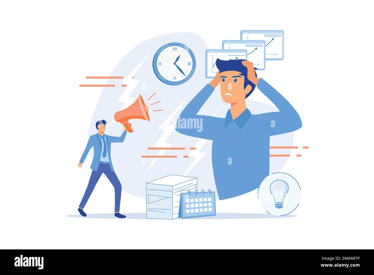 Exhausted, frustrated worker, burnout. Boss shout at employee, deadline ...