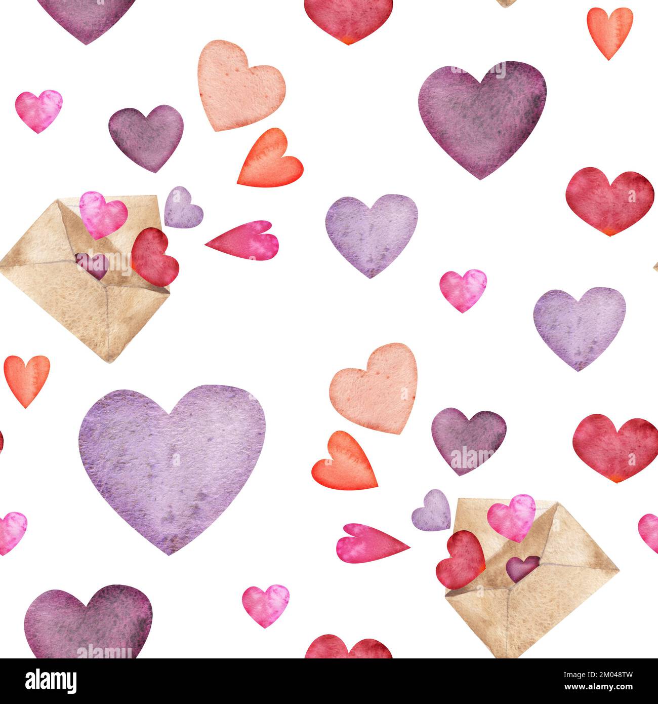 Watercolor hand drawn seamless pattern of red and purple hearts ...
