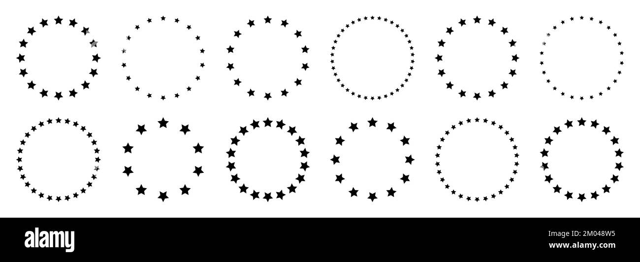 Stars of various sizes arranged in a circle. Round frame, border. Black ...