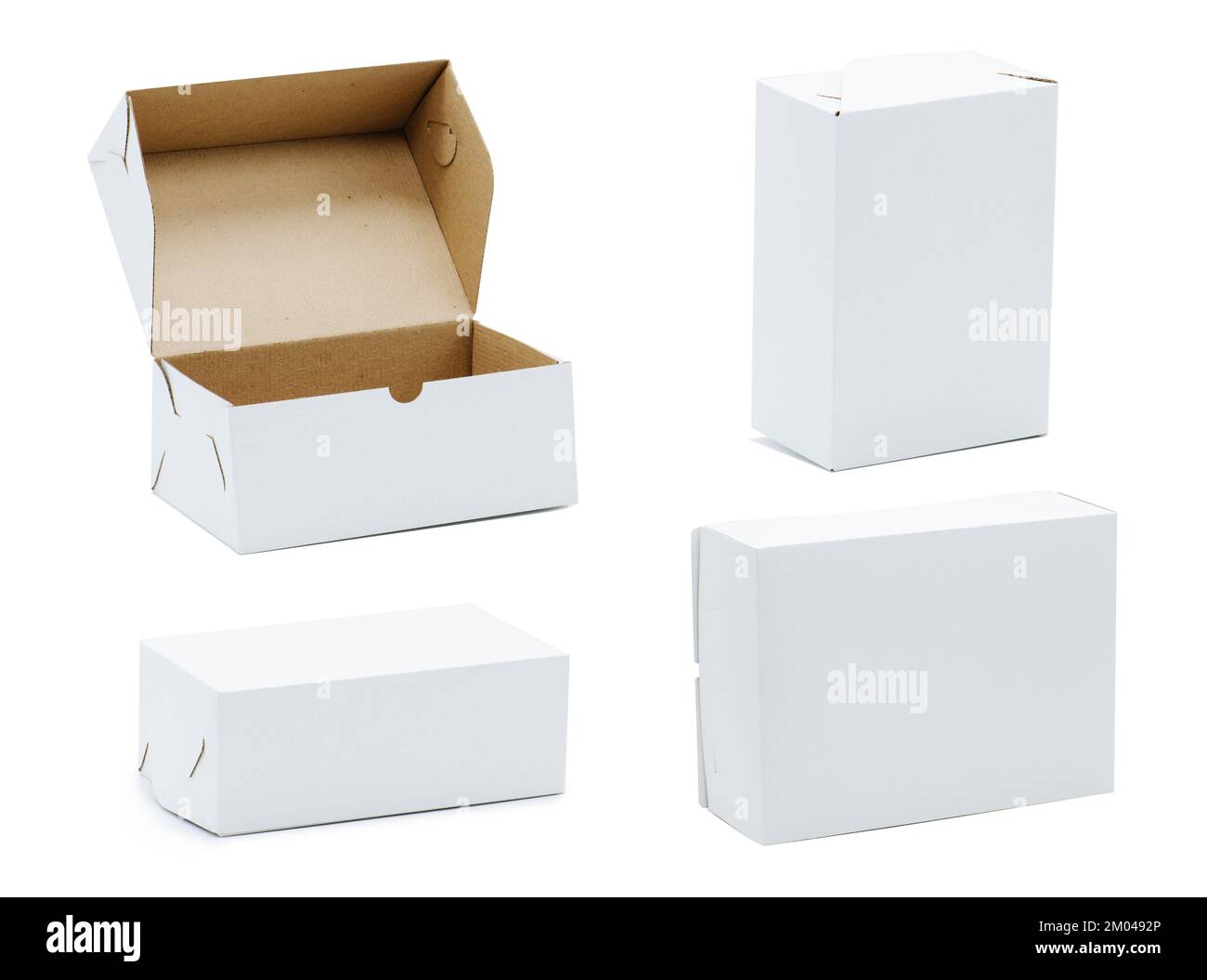 Plain white boxes shot from different angles in composition. One is ...