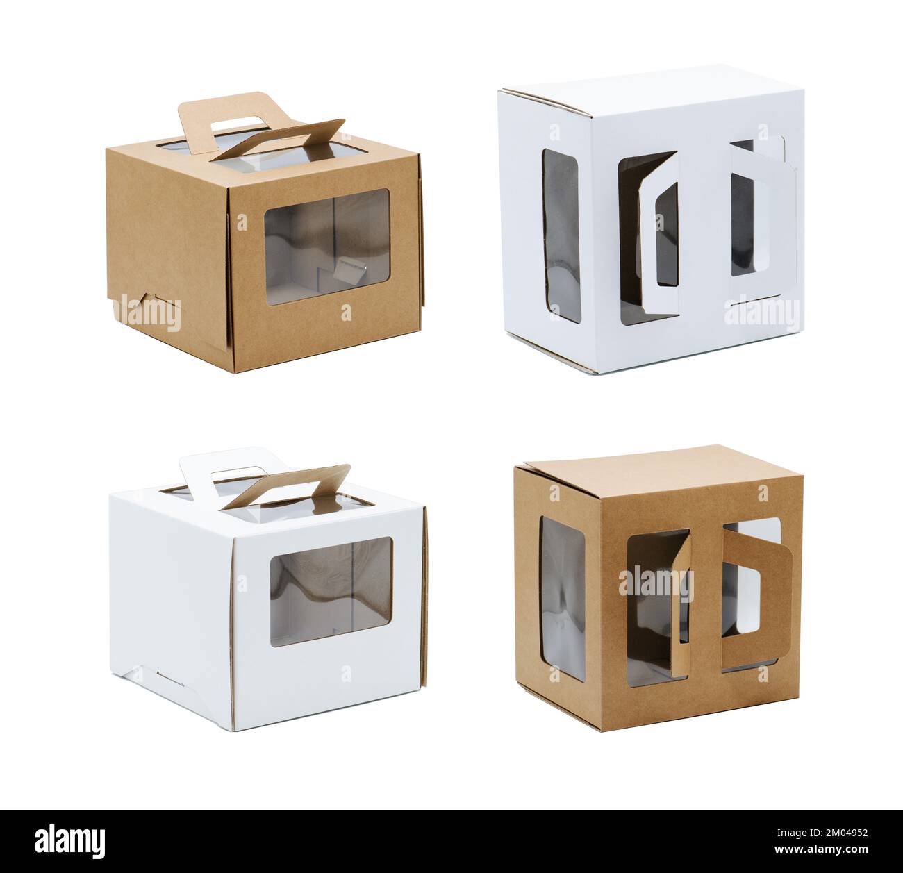 Beige and white windowed cardboard boxes with handles. Over white ...