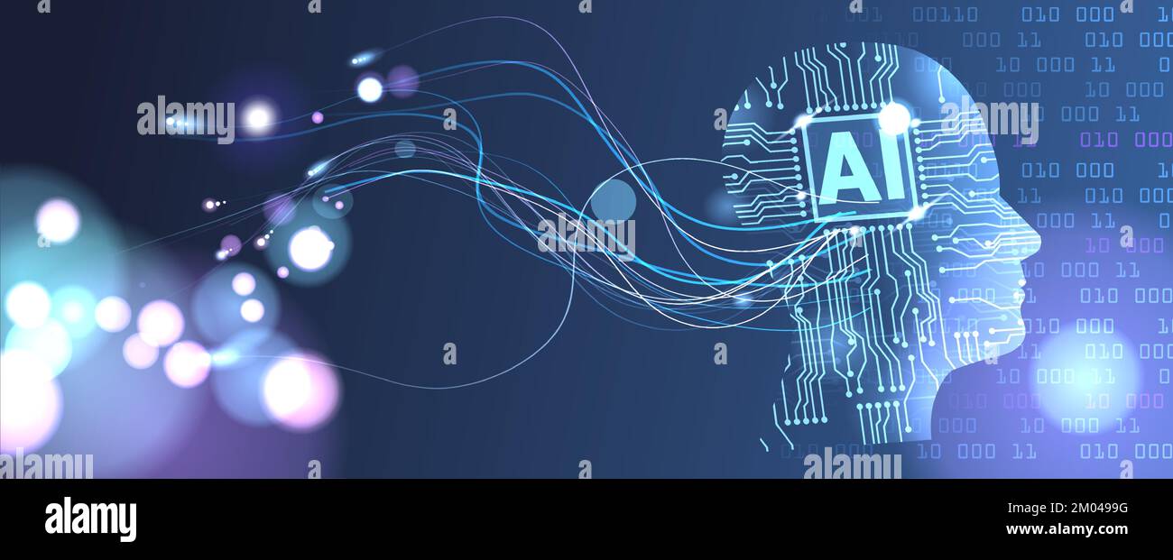 Artificial intelligence in humanoid head with neural network thinks. big data, analysis ...