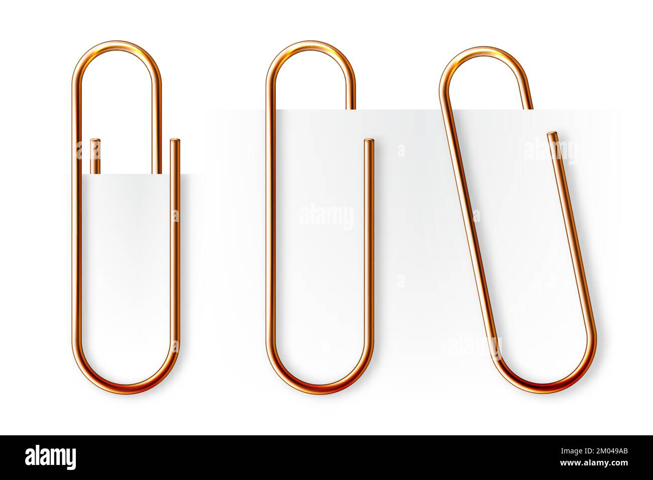 Realistic copper paperclip attached to paper isolated on white ...